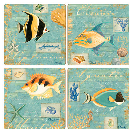 Colorful Fish Sandstone Coasters, Square Shaped Beach & Nautical Coasters
