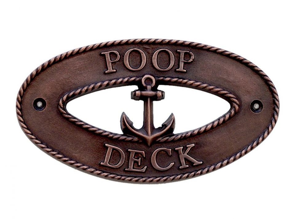 Poop Deck Oval Sign with Anchor 8" - Antique Copper