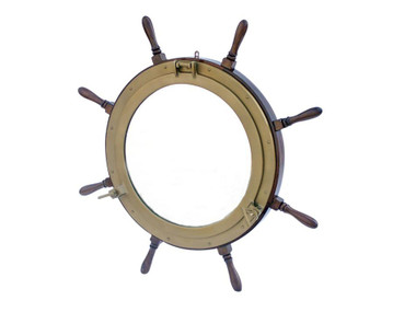 Deluxe Wood and Antique Brass Ship Wheel Porthole Mirror 36"