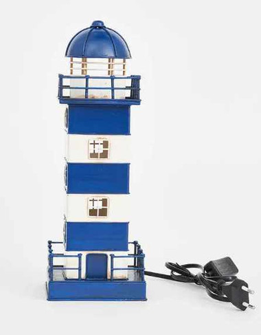 Metal Lighthouse with Blue Base and Railing - Plug-In 12.5"