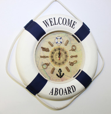 Blue & White Welcome Aboard Life Ring Clock, Life Preserver