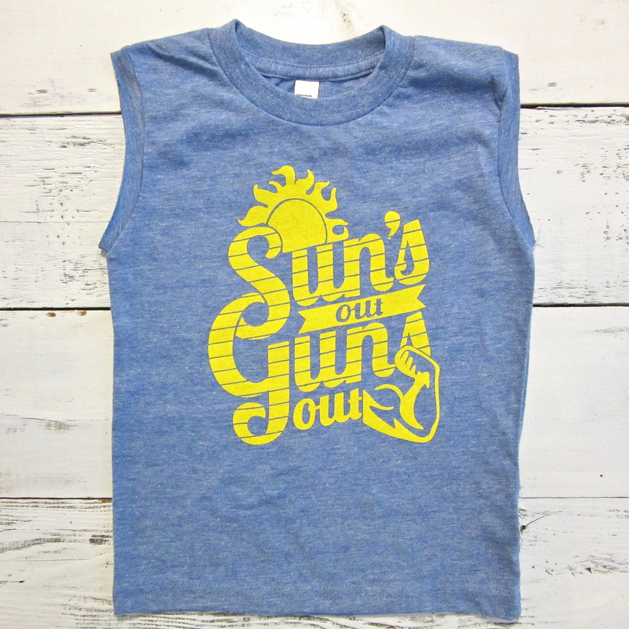 Suns Out Guns Out unisex baby and kids muscle shirt | Sweetpea and Boy
