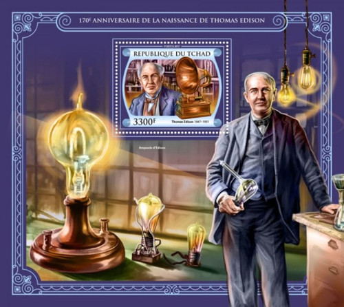 Chad - 2017 Inventor Thomas Edison - Stamp Souvenir Sheet - TCH17402b ...