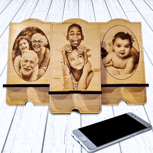 Custom Cell Phone Stand | Photo Engraved | Woodcraft Design Company