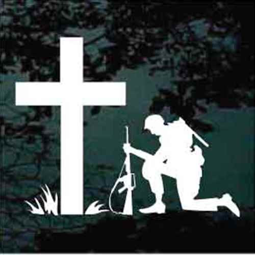 Soldier Praying At The Cross With Gun Car Decals | Decal Junky