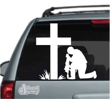 Christian Soldier Praying At The Cross Car Window Decals | Decal Junky