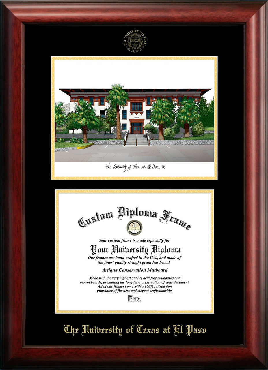 UTEP Miners Gold Embossed Diploma Frame with Campus Images Lithograph ...