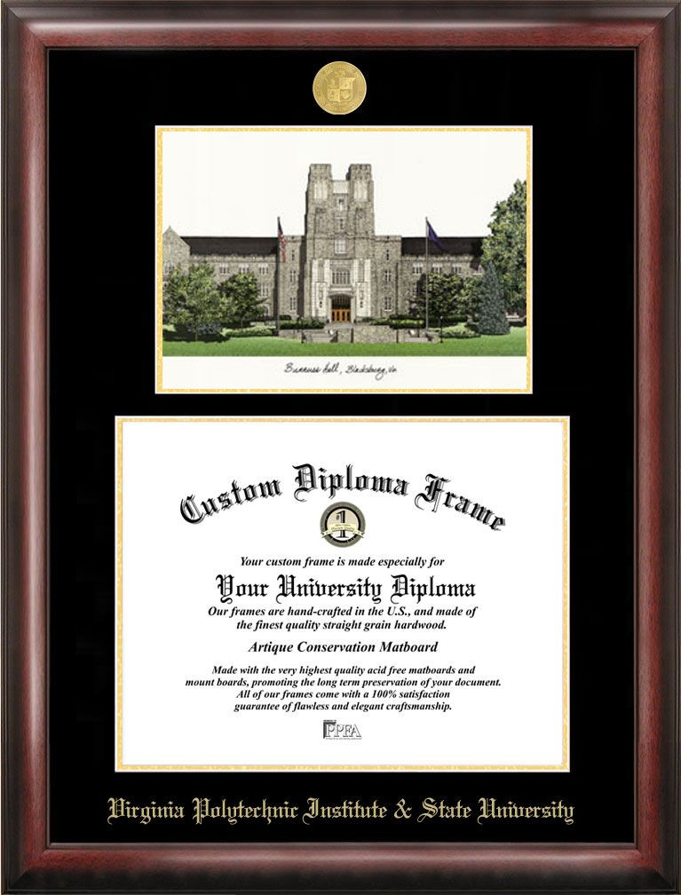 Virginia Tech Hokies Gold Embossed Diploma Frame with Campus Images ...