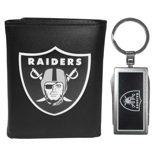 Las Vegas Raiders Black Leather Tri-fold Wallet & Multitool Key Chain ...