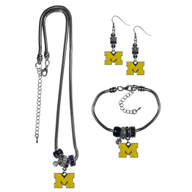 Michigan Wolverines Euro Bead Jewelry 3 piece Set - Sports Unlimited