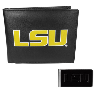 LSU Tigers Leather Bi-fold Wallet & Black Money Clip - Sports Unlimited