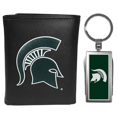 Michigan State Spartans Black Leather Tri-fold Wallet & Multitool Key ...