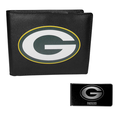 Green Bay Packers Leather Bi-fold Wallet & Black Money Clip - Sports ...