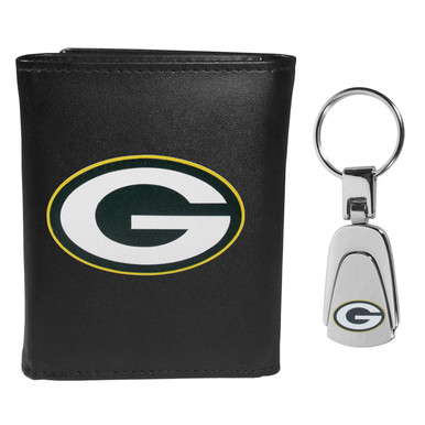 Green Bay Packers Leather Tri-fold Wallet & Steel Key Chain - Sports ...