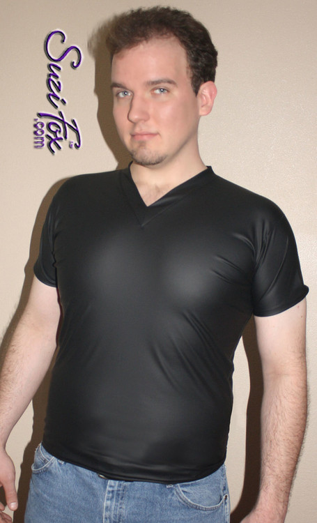Mens V Neck Tee Shirt shown in Black Matte (no shine) Vinyl/PVC Spandex ...