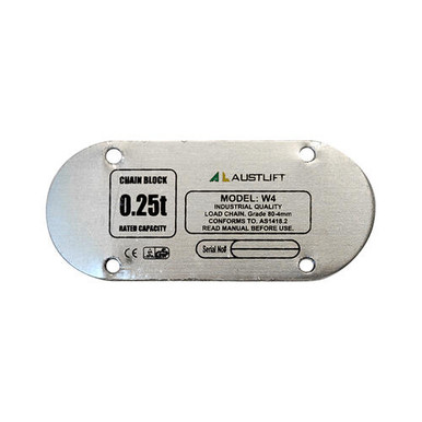 Data Plate Chain Block W4 0.25t Code:003601SP; Austlift
