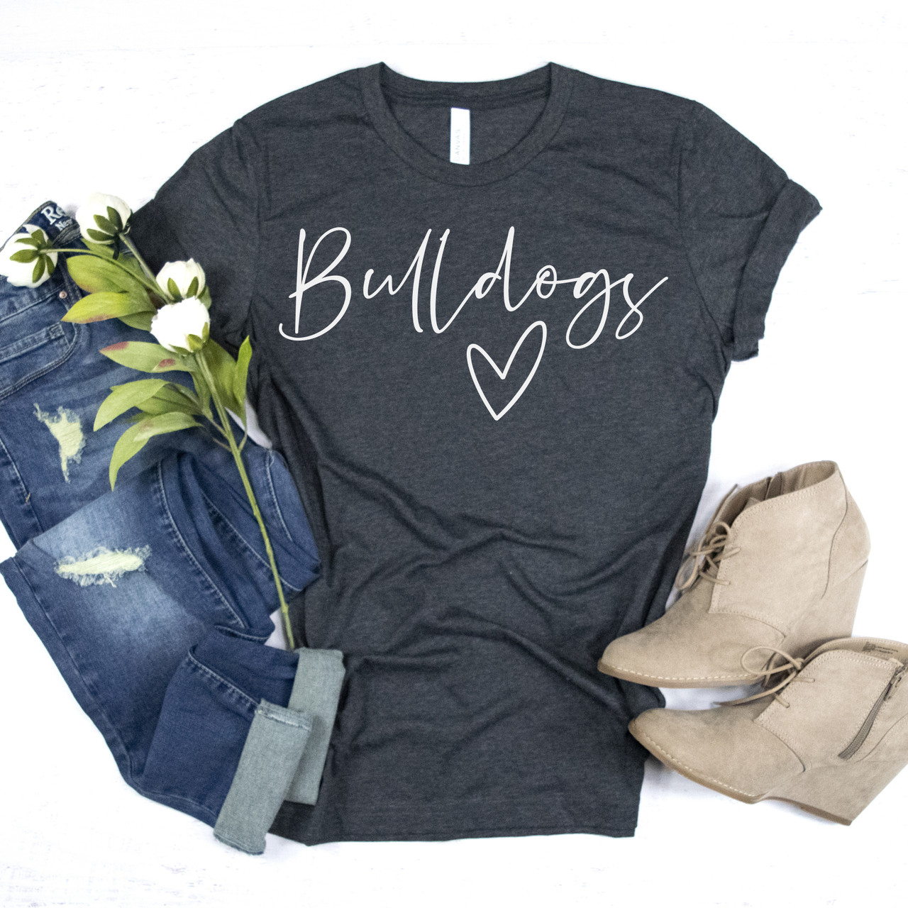 Cursive Bulldogs Tee White Ink - Simply Tees