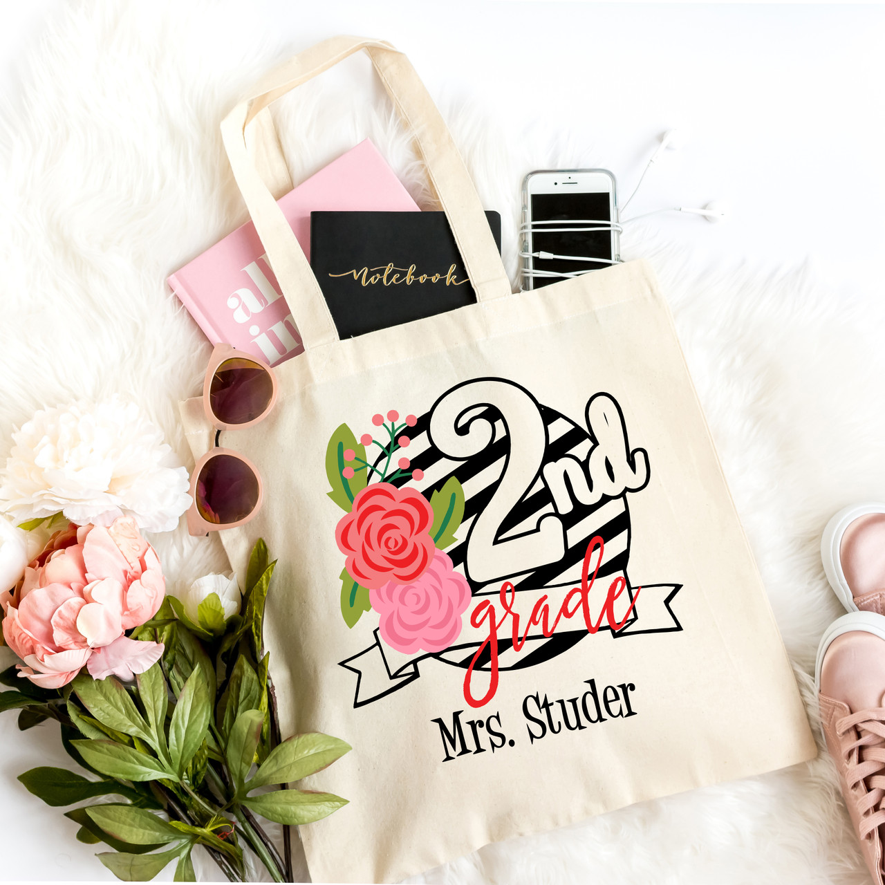 Floral & Striped 2nd Grade Teacher Tote Bag - Simply Tees