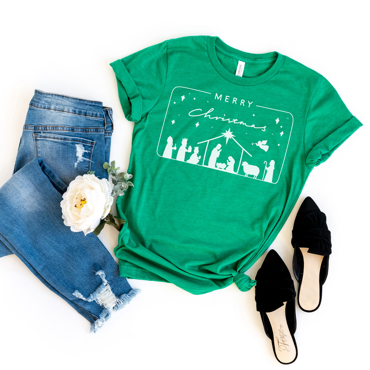 Merry Christmas Nativity Tee White Ink - Simply Tees