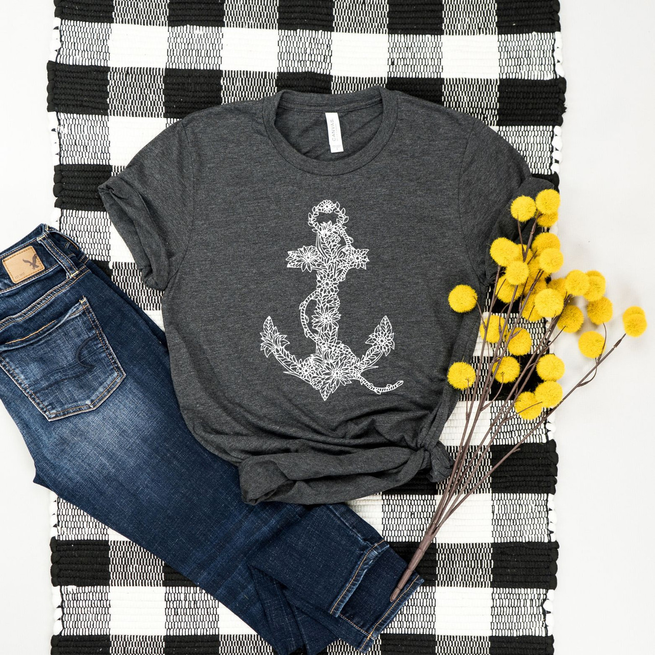 Floral Anchor Tee White Ink - Simply Tees