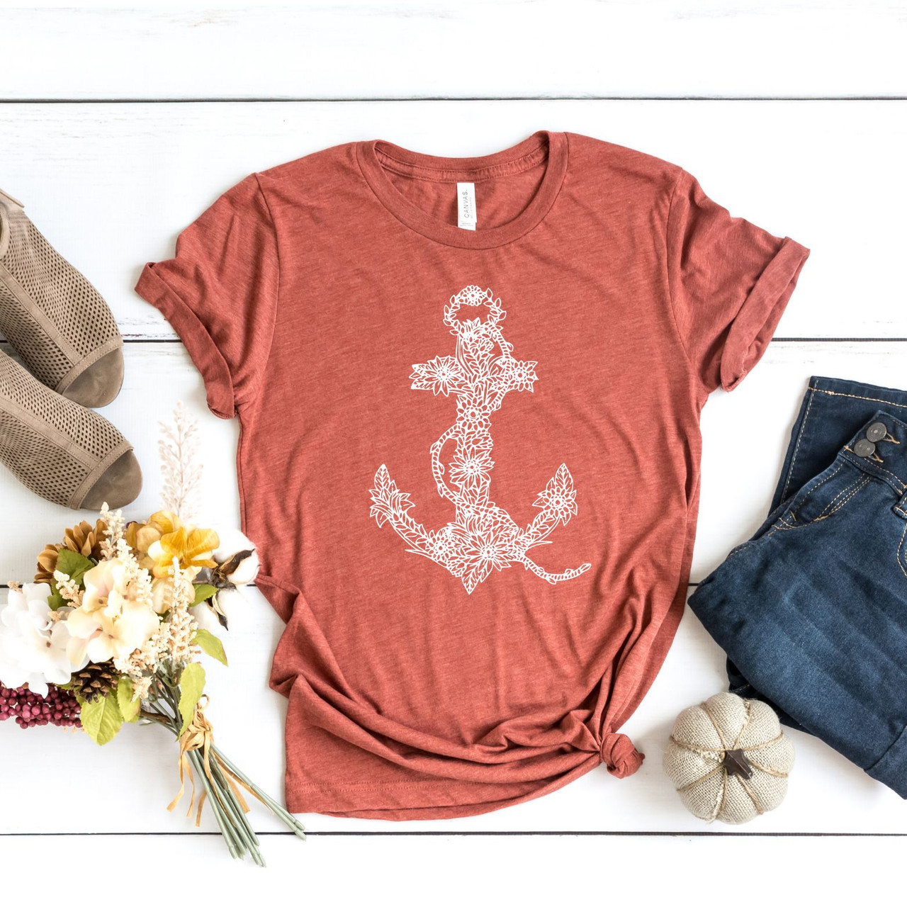 Floral Anchor Tee White Ink - Simply Tees