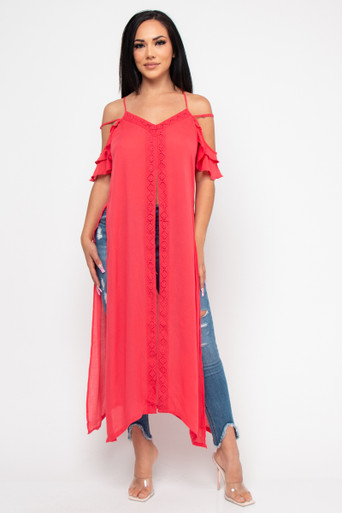 Wholesale Coral Spaghetti Strap Ruffle Sleeve Long Top With Split FL20F606