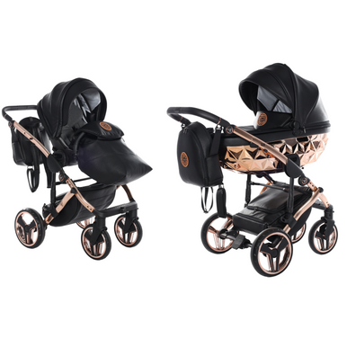 Junama Handcraft Black Rose Gold Pram and Pushchair