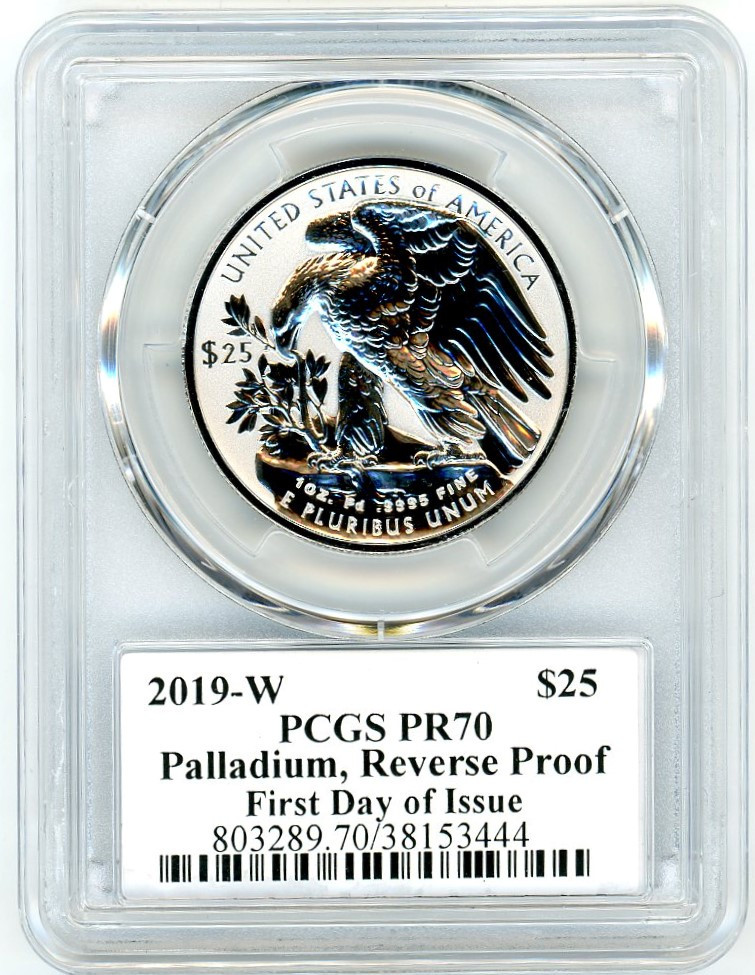 2019-W $25 Palladium Reverse Proof PR70 PCGS FDOI T. Cleveland blue ...