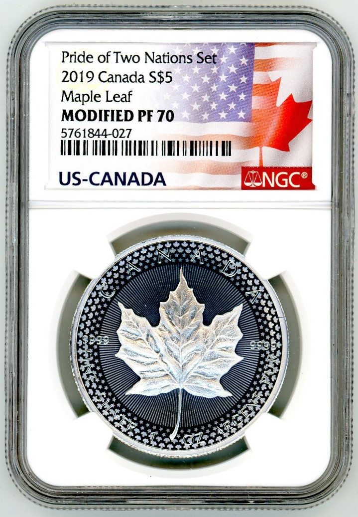 2019 $5 Canada Silver Maple Leaf, Pride of Two Nation Set Modified PF70 ...