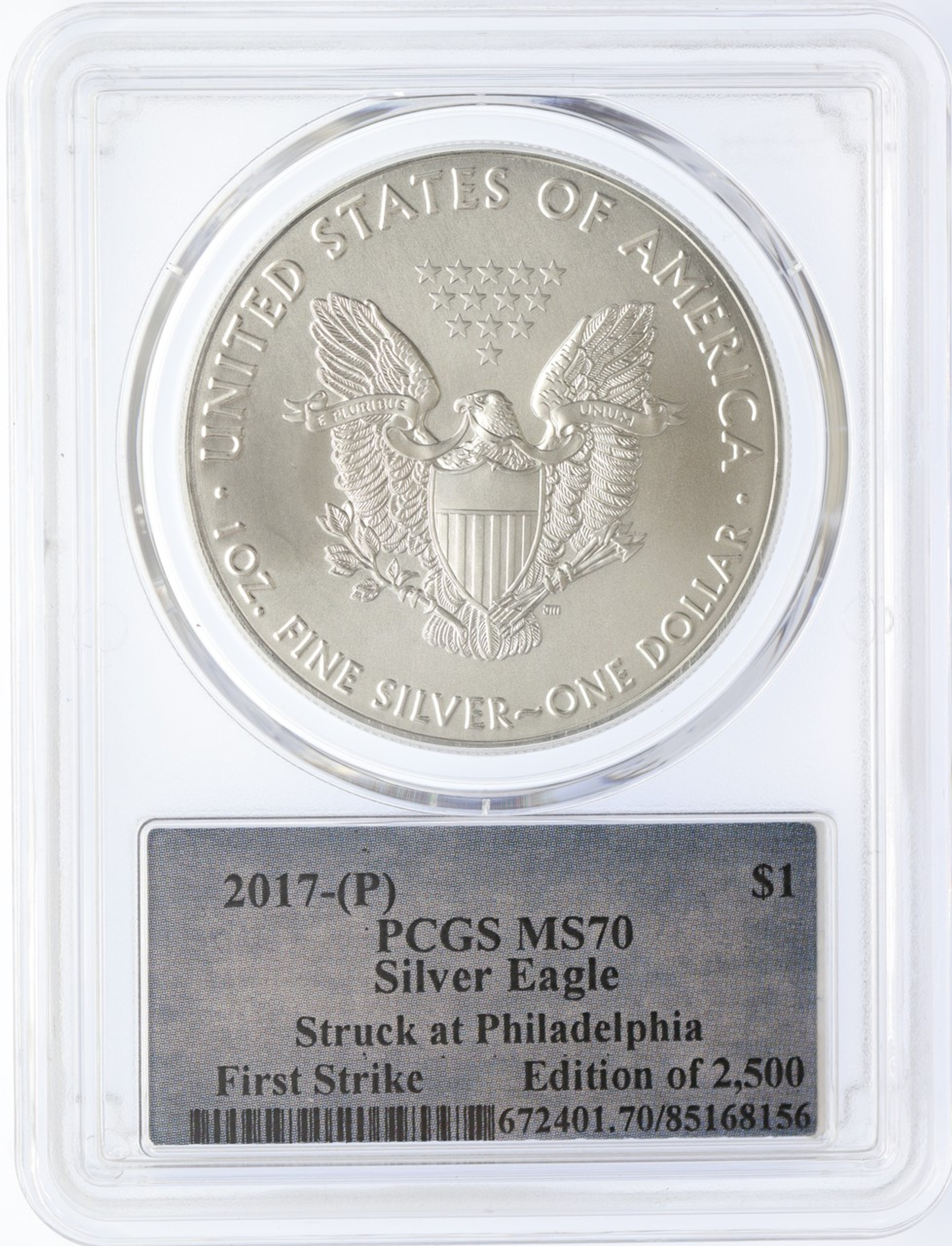 2017-(P) Silver Eagle MS70 PCGS Struck at Philadelphia 1st Strike Edition of 2500 TC Shield ...