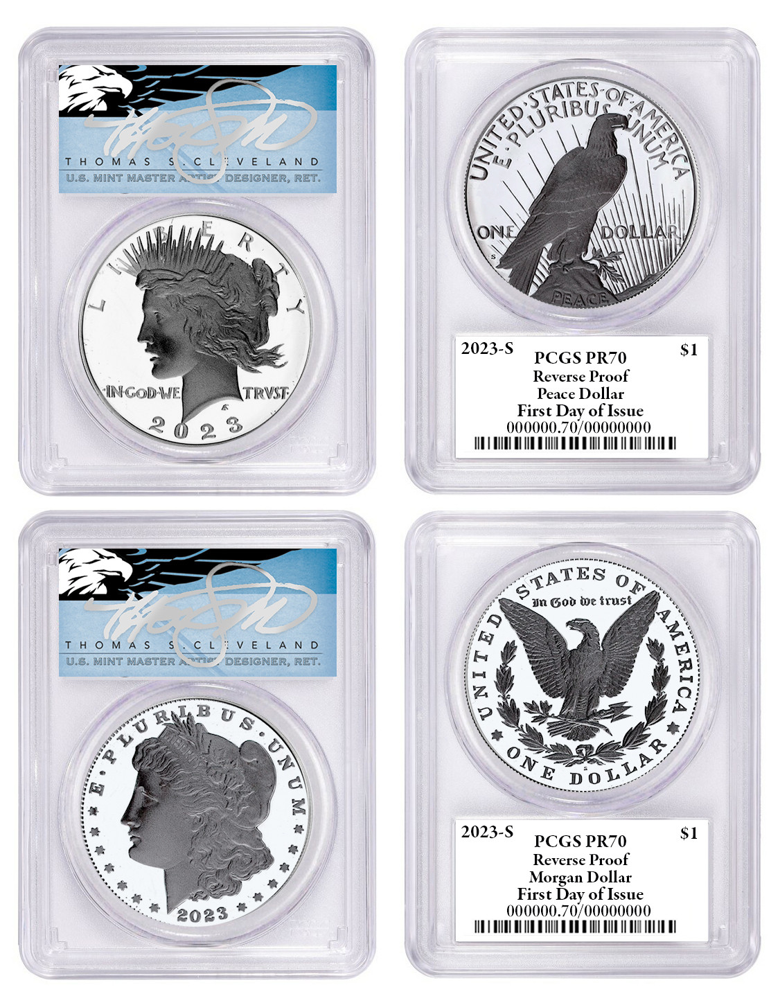 2023-S Silver Peace Dollar & Morgan Dollar Set Reverse PR70 PCGS FDOI T ...