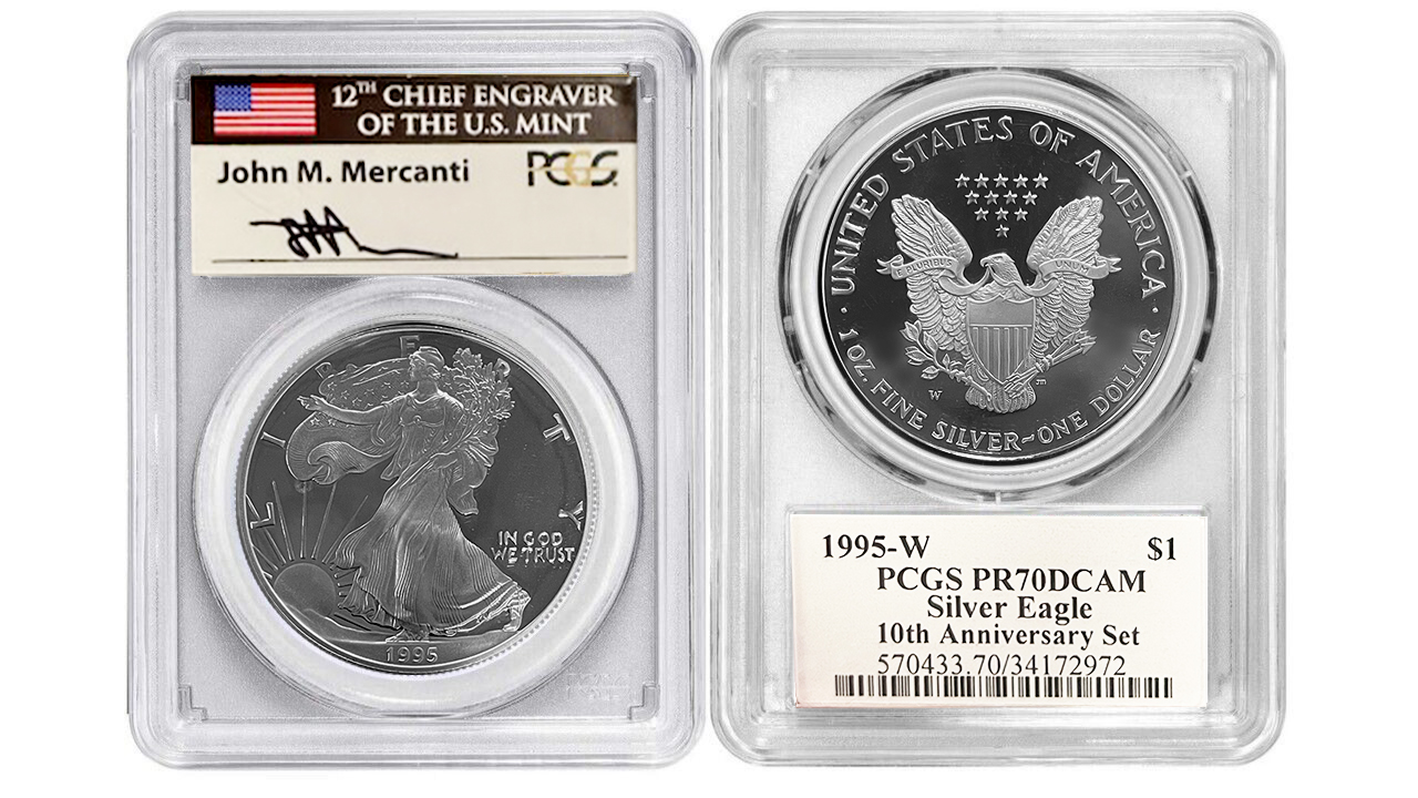 1995-W Proof Silver Eagle PR70 PCGS 10th Anniversary Set flag Mercanti ...