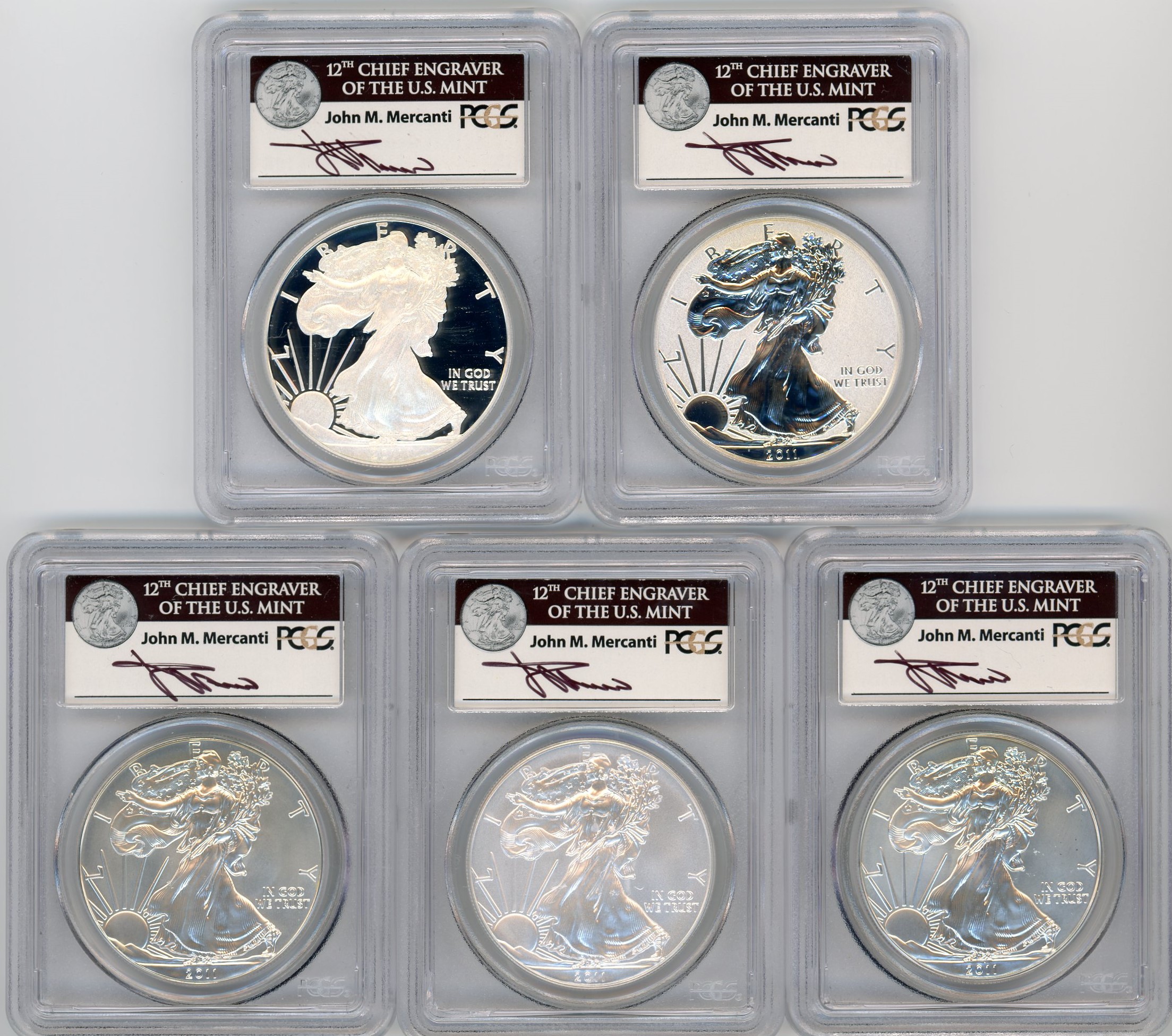 2011 ASE 5-Coin Set MS/PR70/SP70 PCGS 25th Anniv Mercanti ASE label ...
