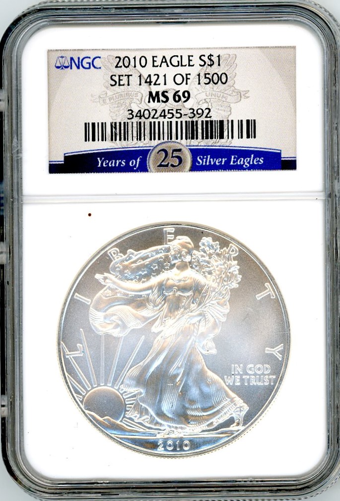 2010 ASE MS69 NGC Set 1421 of 1500 25 Years of Silver Eagles label ...
