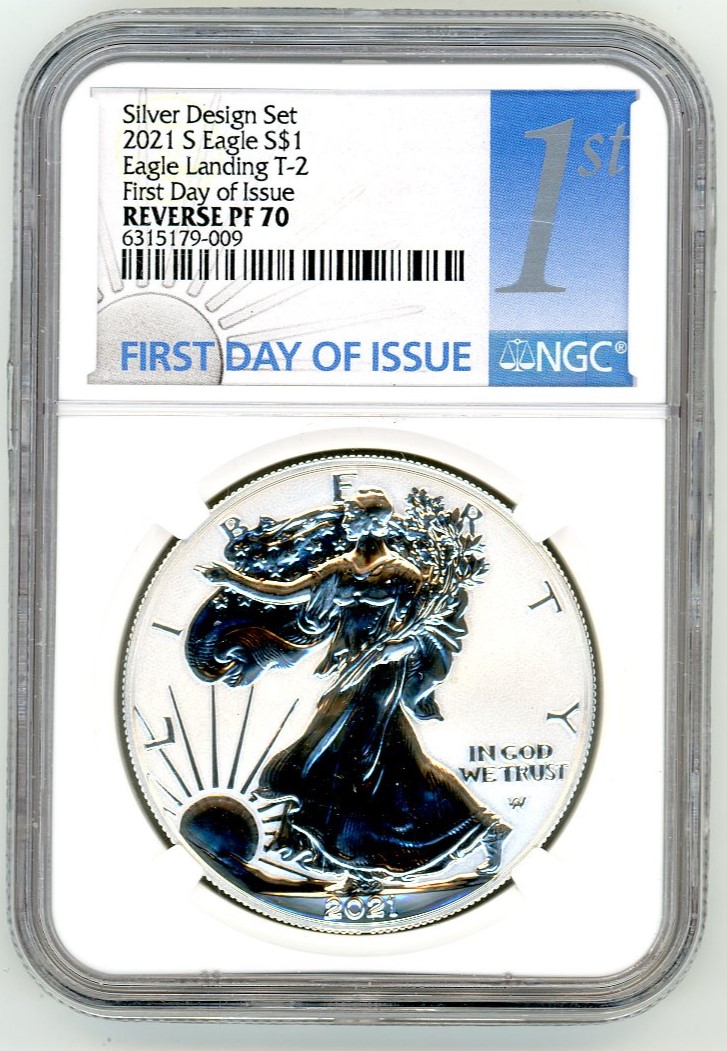 2021 S ASE Eagle Landing T-2 Rev. PF70 NGC FDOI Silver Design Set 1st ...