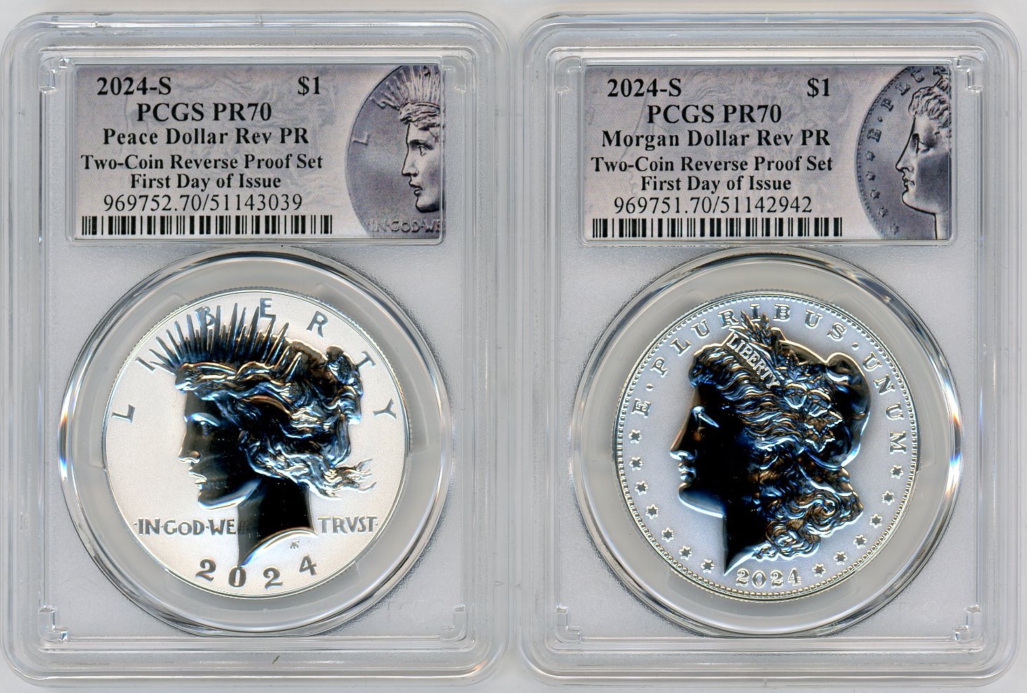 2024-S Two-Coin Reverse Proof Set Silver Peace & Morgan Dollar Rev. PR70 PCGS First Day of Issue