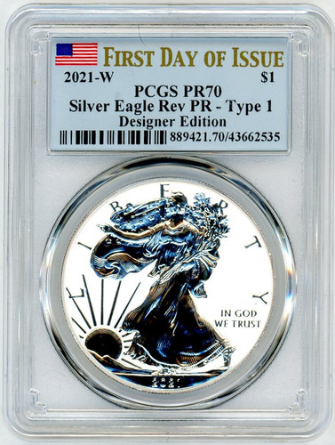 2021-W Rev. Proof ASE PR70 PCGS Type 1 Designer Edition flag First Day ...