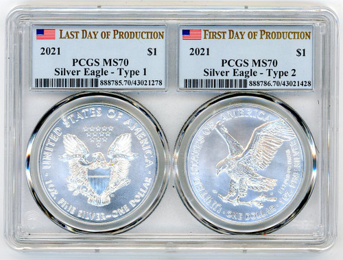 2021 2-coin slab MS70 PCGS Last Day of Production Type 1 & First Day of ...
