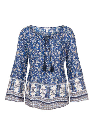 Tribal Border Print Blouse with tie in navy - 6307O