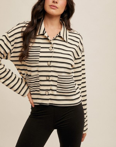 Ladies Hem & Thread Rib Stripe Crop Shacket - 35960
