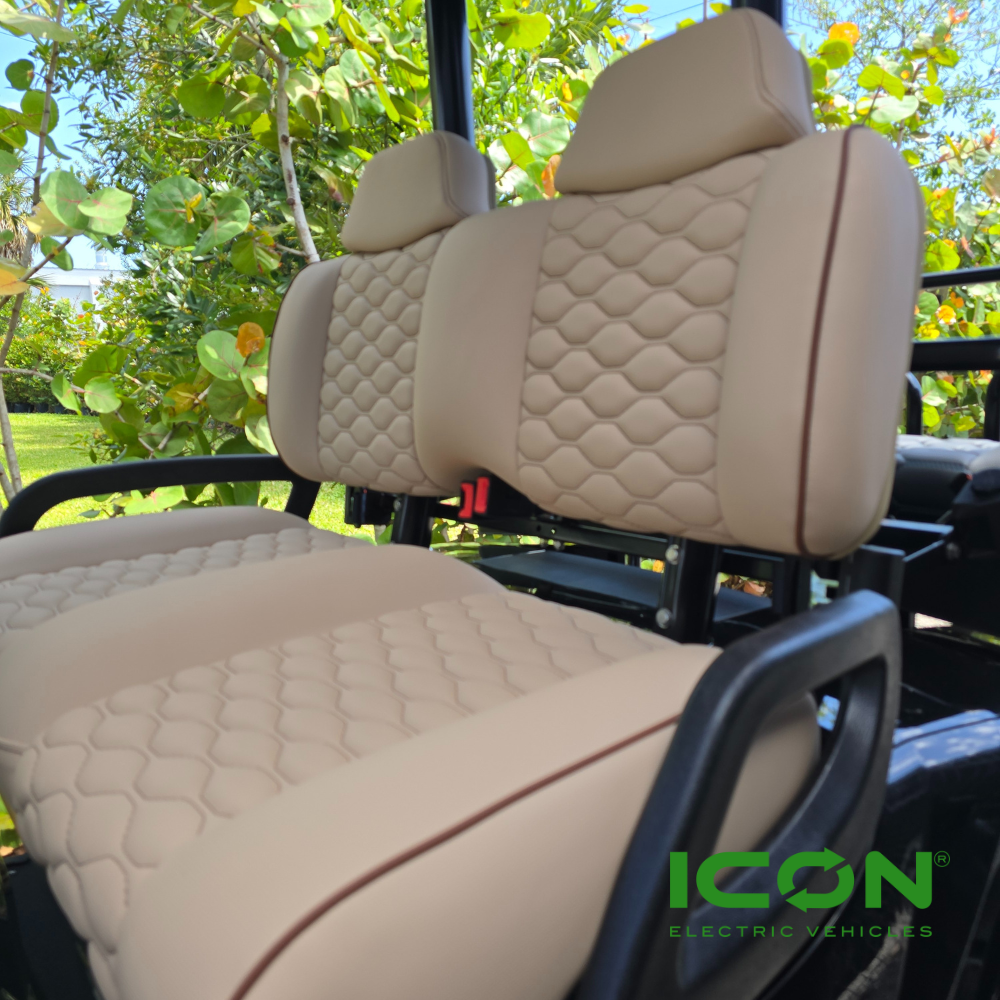 ICON Pebble Custom Premium Seat Cool Touch Base with Stretch Hex Pattern and Chestnut Stitching