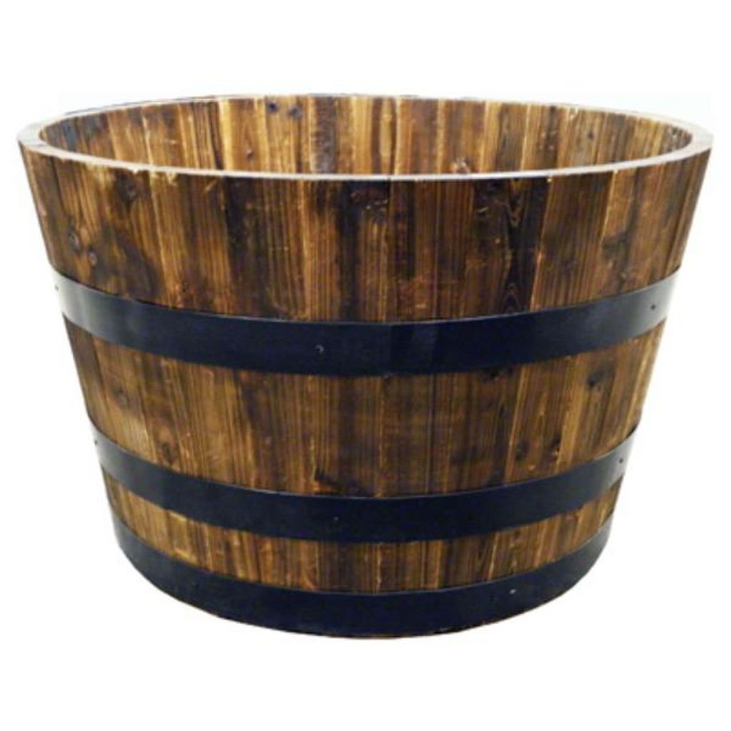 Real Wood Half Oak Whiskey Barrel Planter With Liners - 26" X 16-1/2"