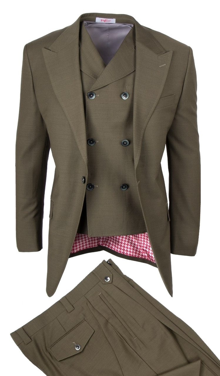 Tiglio Wide Leg Vested Italian Wool Suit - Olive - Vavra's Menswear
