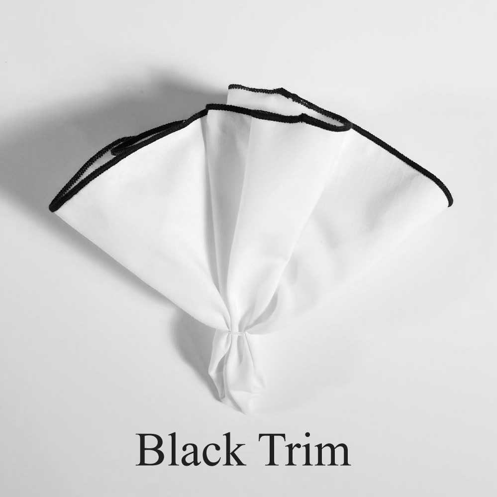 100% Cotton White 2-in-1 Pouf Round Pocket Square with Black Trim ...