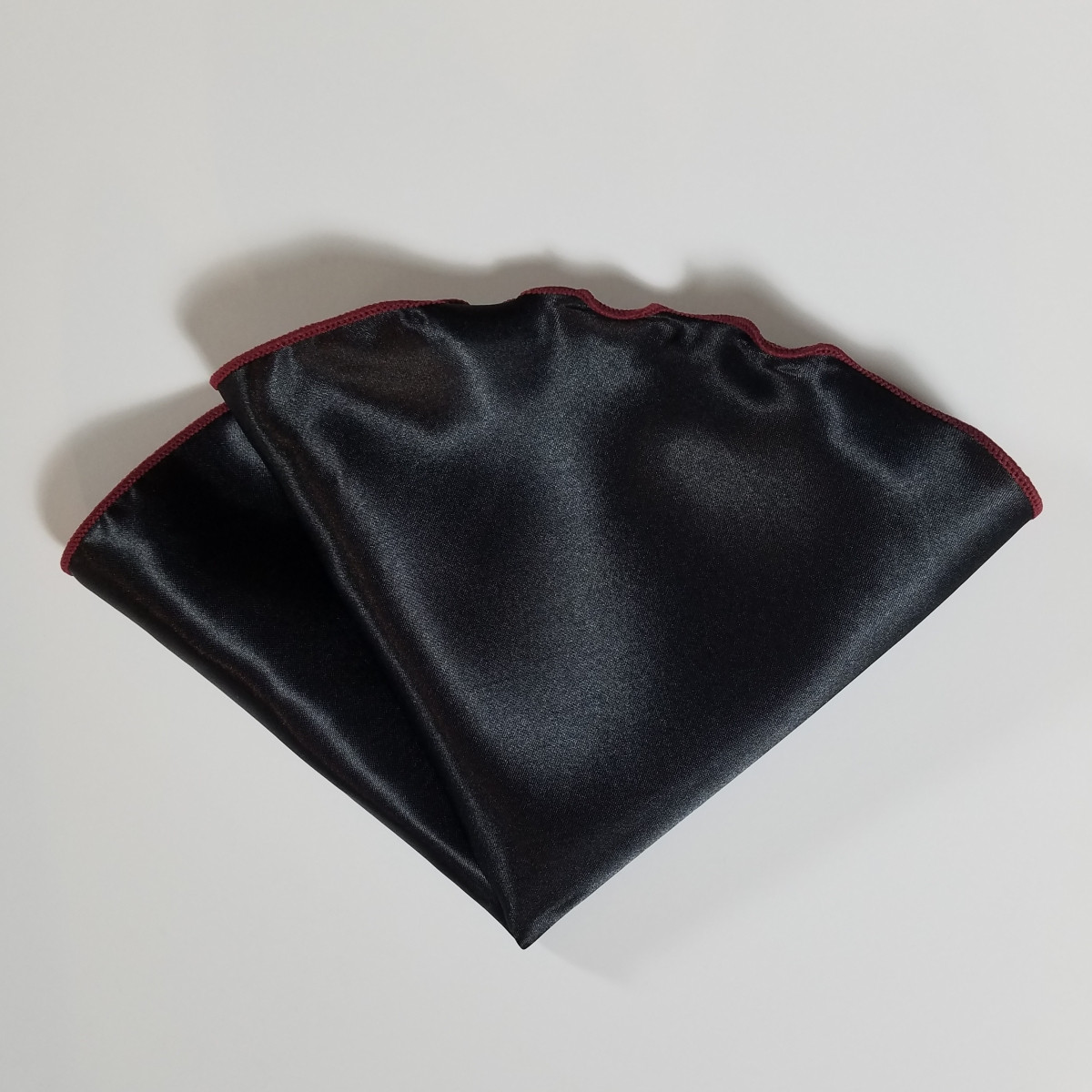 Black Satin 2-in-1 Pouf Round Pocket Square with Burgundy Trim - Vavra ...