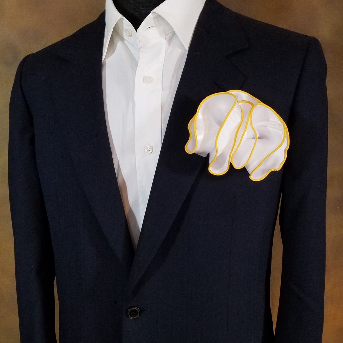 White Satin 2-in-1 Pouf Round Pocket Square with Yellow Trim - Vavra's ...
