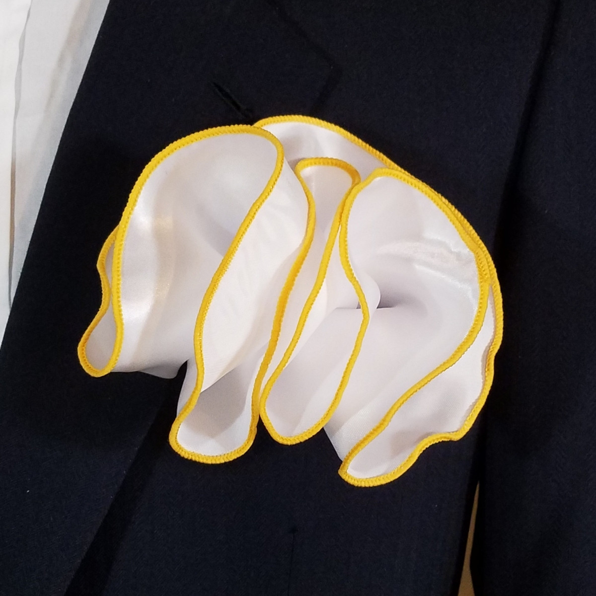 White Satin 2-in-1 Pouf Round Pocket Square with Yellow Trim - Vavra's ...