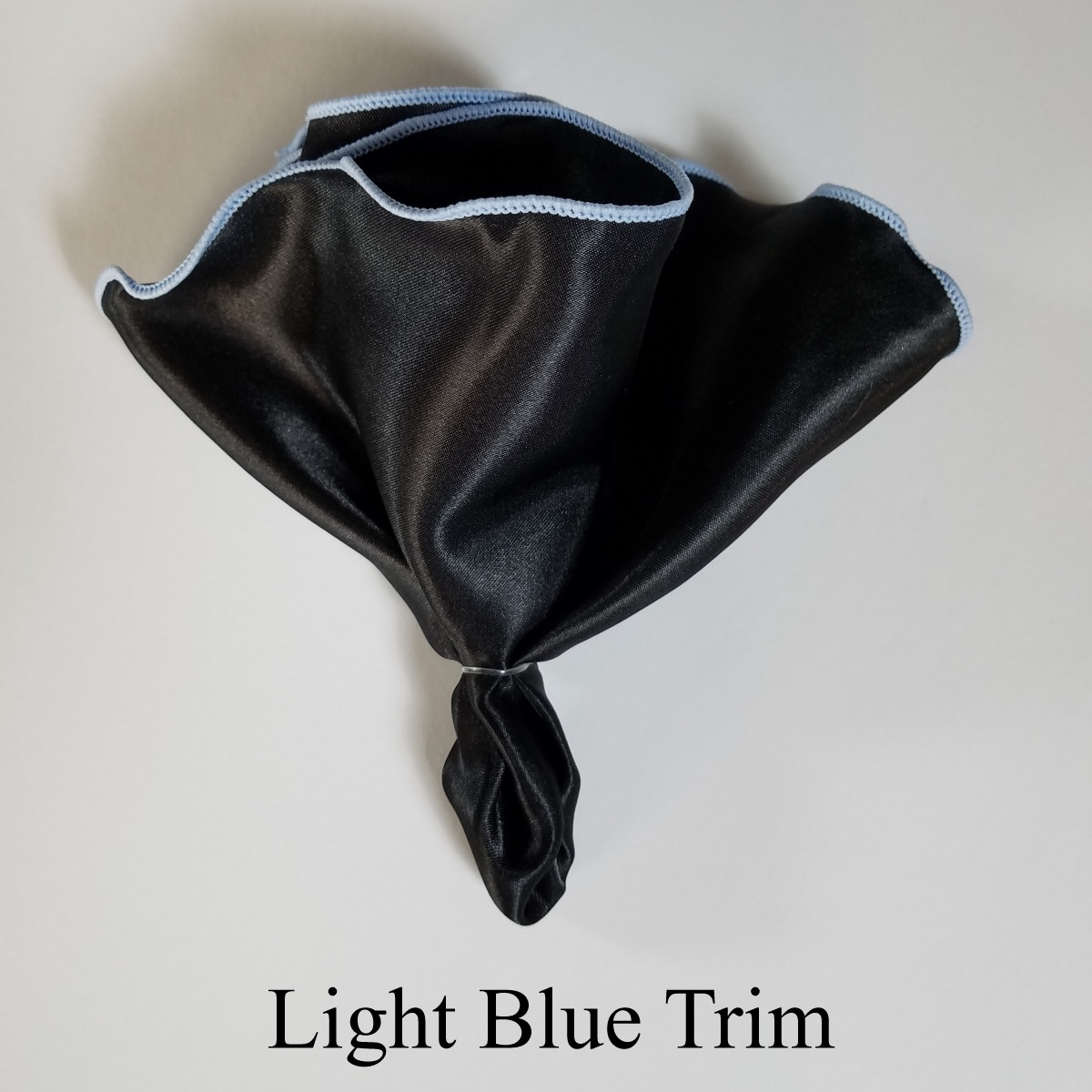 Black Satin 2-in-1 Pouf Round Pocket Square with Light Blue Trim ...