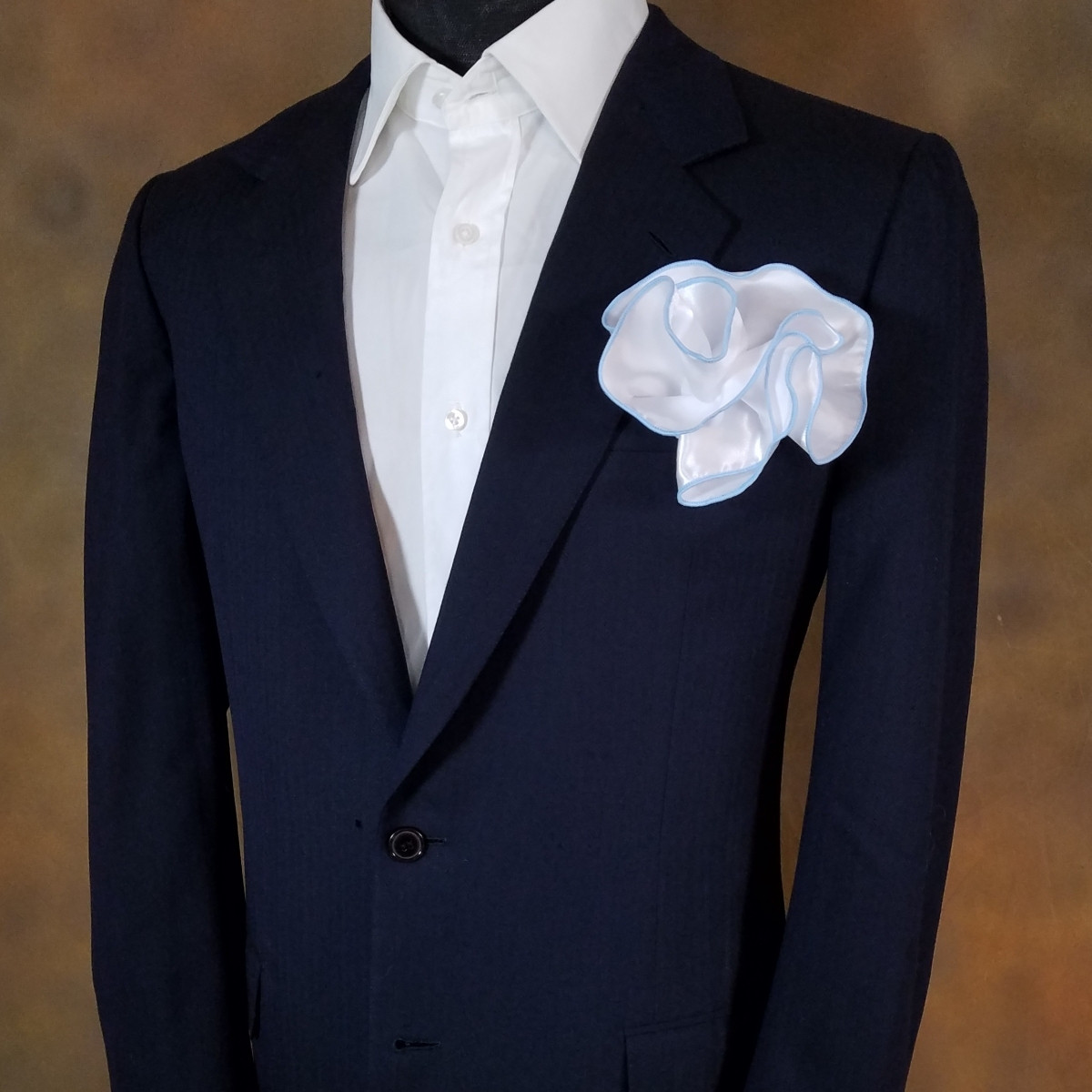 White Satin 2-in-1 Pouf Round Pocket Square with Light Blue Trim ...