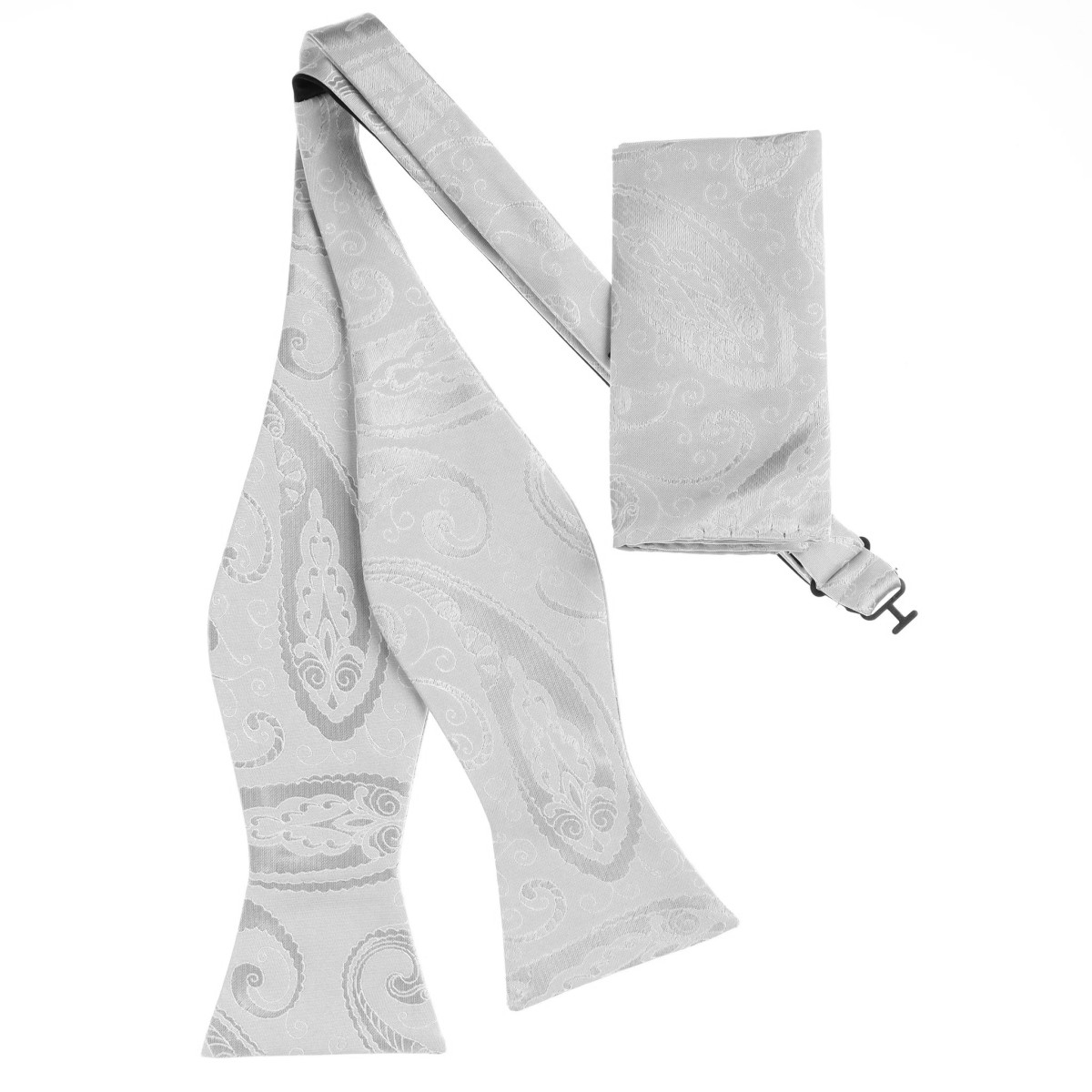 Silver Paisley Self Tie 100% Silk Bow Tie Set - Vavra's Menswear